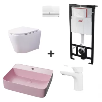 Set vas wc rimless cu capac soft close, lavoar baie, baterie si ...